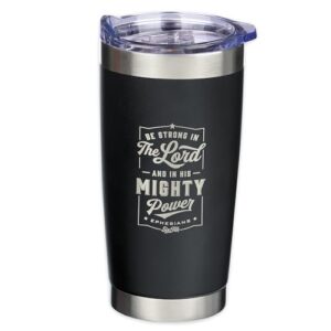 christian art gifts stainless steel double-wall vacuum insulated travel mug 18 oz matte black tumbler with lid for men inspirational bible verse - strong in the lord - eph. 6:10