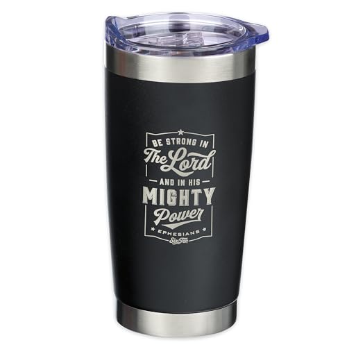 Christian Art Gifts Stainless Steel Double-Wall Vacuum Insulated Travel Mug 18 oz Matte Black Tumbler with Lid for Men Inspirational Bible Verse - Strong in the Lord - Eph. 6:10