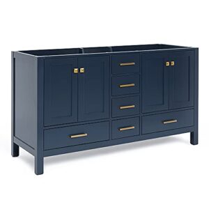 DKB Beckford Double Bathroom Vanity Base Cabinet 60" Midnight Blue, Double Sink Configuration, 4 Soft Closing Doors, 6 Full Extension Dovetail Drawers, Brushed Nickel