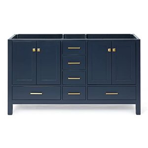 dkb beckford double bathroom vanity base cabinet 60" midnight blue, double sink configuration, 4 soft closing doors, 6 full extension dovetail drawers, brushed nickel