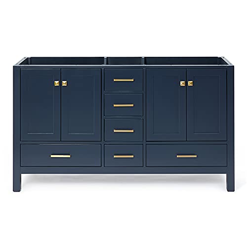 DKB Beckford Double Bathroom Vanity Base Cabinet 60" Midnight Blue, Double Sink Configuration, 4 Soft Closing Doors, 6 Full Extension Dovetail Drawers, Brushed Nickel