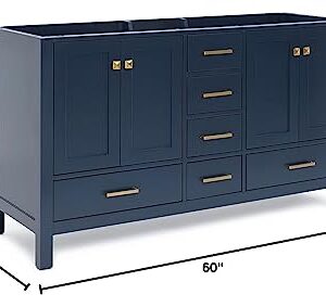 DKB Beckford Double Bathroom Vanity Base Cabinet 60" Midnight Blue, Double Sink Configuration, 4 Soft Closing Doors, 6 Full Extension Dovetail Drawers, Brushed Nickel