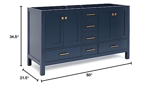 DKB Beckford Double Bathroom Vanity Base Cabinet 60" Midnight Blue, Double Sink Configuration, 4 Soft Closing Doors, 6 Full Extension Dovetail Drawers, Brushed Nickel