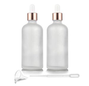 2 pack 100ml/3.4 oz,white frosted glass dropper bottle for essential oils,empty glass liquid holder with pure eye dropper,rose-golden caps travel perfume cosmetic container-pipette&funnel included