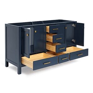 DKB Beckford Double Bathroom Vanity Base Cabinet 60" Midnight Blue, Double Sink Configuration, 4 Soft Closing Doors, 6 Full Extension Dovetail Drawers, Brushed Nickel