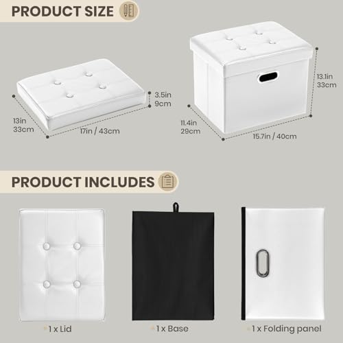 COSYLAND Storage Ottoman 17x13x13in Leather Ottoman Rectangle Foot Rest Foot Stool Folding Ottoman for Room Dorm Small Collapsible Bench Seat Organizer Entryway Furniture with Handles Lid White