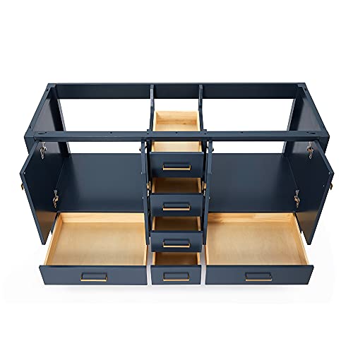 DKB Beckford Double Bathroom Vanity Base Cabinet 60" Midnight Blue, Double Sink Configuration, 4 Soft Closing Doors, 6 Full Extension Dovetail Drawers, Brushed Nickel