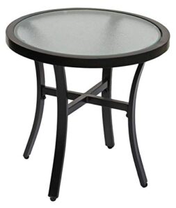 garden elements bellevue patio table, round aluminum base and rim with glass top, mocha, 20"