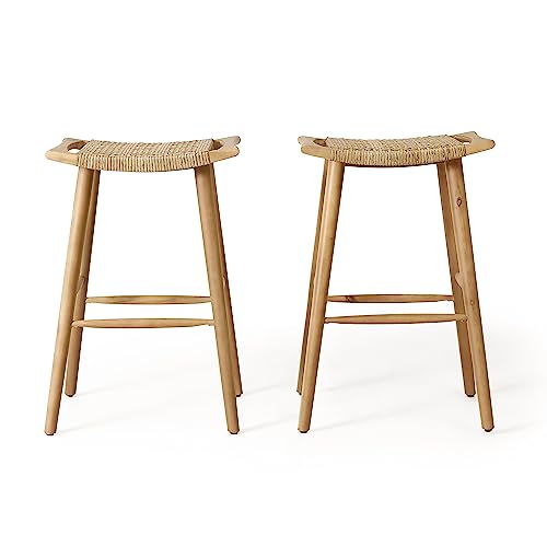 Christopher Knight Home Magwen Outdoor Acacia Wood Barstool with Wicker (Set of 2), Light Brown and Light Multi-Brown