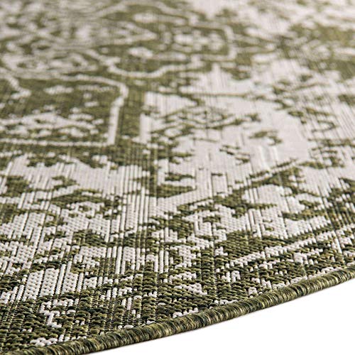 Unique Loom Outdoor Collection Area Rug - Dubai (4' 1' Round, Green/ Ivory)