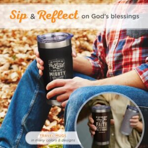 Christian Art Gifts Stainless Steel Double-Wall Vacuum Insulated Travel Mug 18 oz Matte Black Tumbler with Lid for Men Inspirational Bible Verse - Strong in the Lord - Eph. 6:10