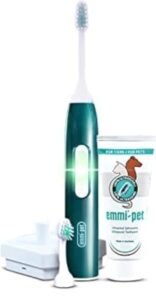 emmi-pet electric toothbrush set 2.0 for pets. healthier teeth & gums and fresher breath. patented ultrasonic technology cleans completely silent, no vibration and no brushing. rechargeable