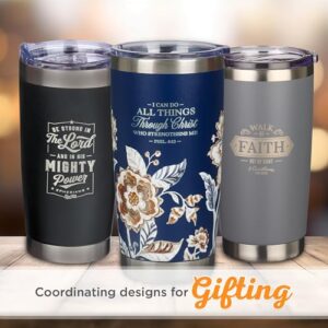 Christian Art Gifts Stainless Steel Double-Wall Vacuum Insulated Travel Mug 18 oz Matte Black Tumbler with Lid for Men Inspirational Bible Verse - Strong in the Lord - Eph. 6:10