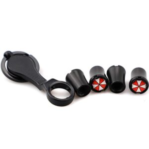 4Pcs Car Tire Valve Stem Cover Caps and a Wrench Keychain Combo Set Fit for Focus 2 3 Fiesta ST Mustang Mk1 - with Umbrella Corporation Emblem Logo Resident Evil Decorative Accessory (Black)