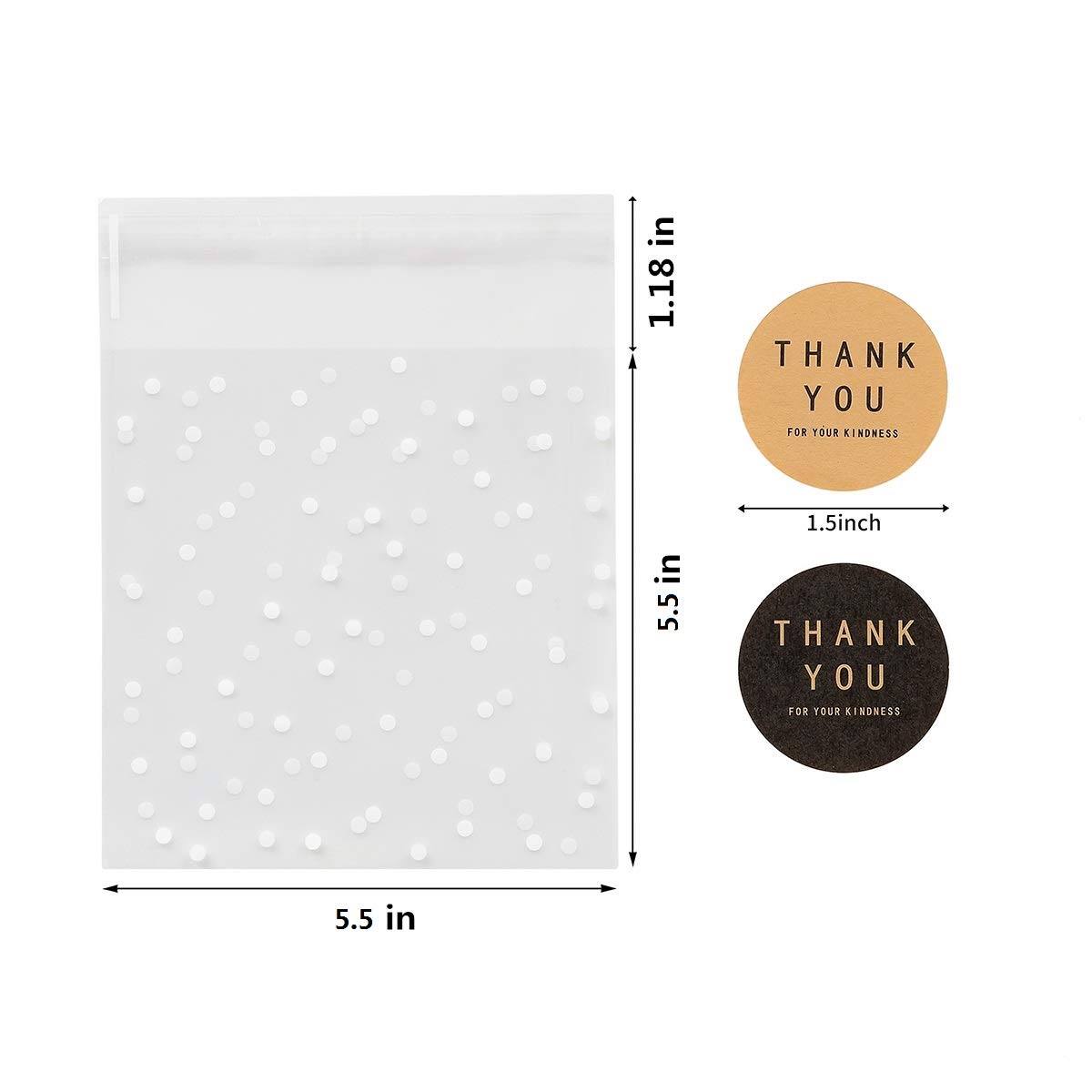 400PCS White Polka Dot Treat Bags Self Adhesive Candy Cookie Bags, 200 Cellophane Bags + 200 Thank You Sticker for Bakery Biscuit Chocolate Snacks Dessert (5.5x5.5Inches, White Polka Dot+Sticker)