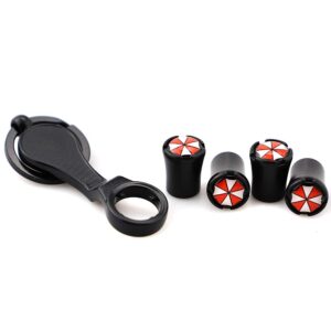 4pcs car tire valve stem cover caps and a wrench keychain combo set fit for focus 2 3 fiesta st mustang mk1 - with umbrella corporation emblem logo resident evil decorative accessory (black)