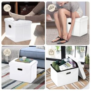 COSYLAND Storage Ottoman 17x13x13in Leather Ottoman Rectangle Foot Rest Foot Stool Folding Ottoman for Room Dorm Small Collapsible Bench Seat Organizer Entryway Furniture with Handles Lid White