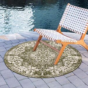 Unique Loom Outdoor Collection Area Rug - Dubai (4' 1' Round, Green/ Ivory)