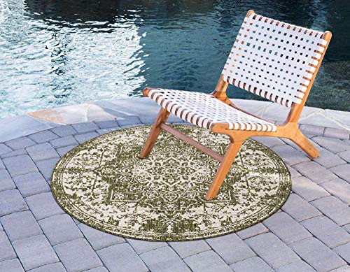 Unique Loom Outdoor Collection Area Rug - Dubai (4' 1' Round, Green/ Ivory)