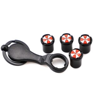 4Pcs Car Tire Valve Stem Cover Caps and a Wrench Keychain Combo Set Fit for Focus 2 3 Fiesta ST Mustang Mk1 - with Umbrella Corporation Emblem Logo Resident Evil Decorative Accessory (Black)