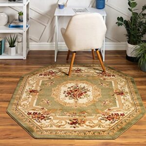 unique loom versailles collection traditional classic floral motif area rug (5' 0 x 5' 0 octagon, green/ivory)