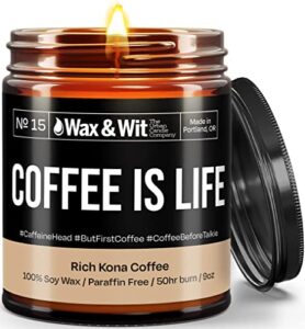 wax & wit funny coffee candle - soy wax candle - gifts for women & men - home & office decor - hand-poured in usa, 9oz - coffee scented candles for home