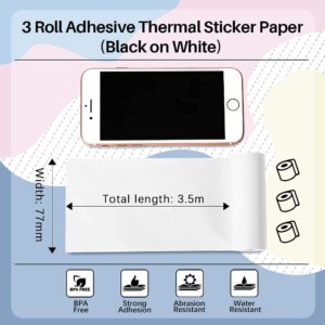 Phomemo 3 Inch Thermal Sticker Paper for Phomemo M03/M03AS/M04S Portable Photo Printer Notes Printer, Black on White, 77mm x 3.5m, 3 Inch X 11.5 ft, 3 Roll