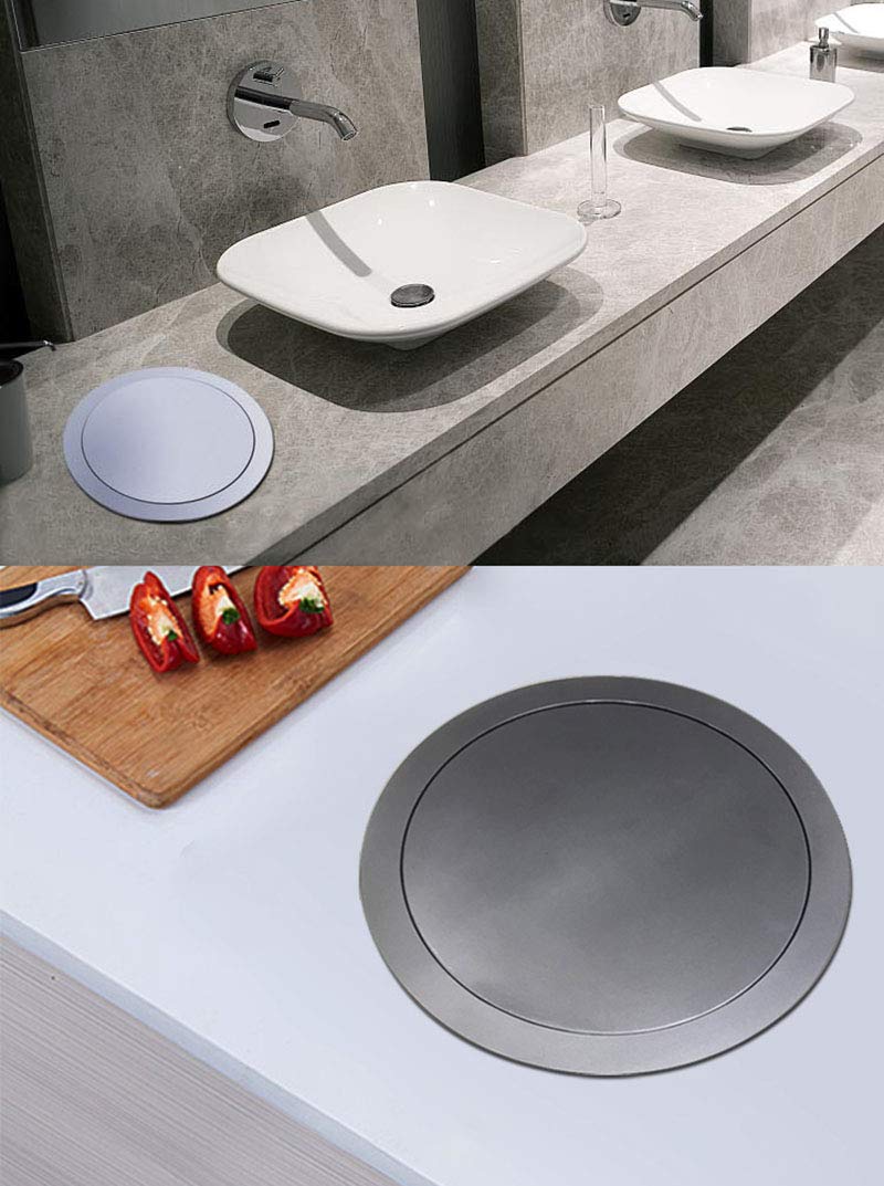 Built-in Countertop Trash and Waste Chute Lid - Round Stainless Steel Balance Flap Cover Flush Trash Grommet Swing Trash Can Lid