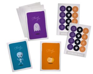 pumpkins, skeletons, & ghosts, oh my! - thank you cards - set of 24 cute & spooky greeting note cards with envelopes & sticker seals