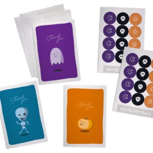 Pumpkins, Skeletons, & Ghosts, Oh My! - Thank You Cards - Set of 24 Cute & Spooky Greeting Note Cards with Envelopes & Sticker Seals