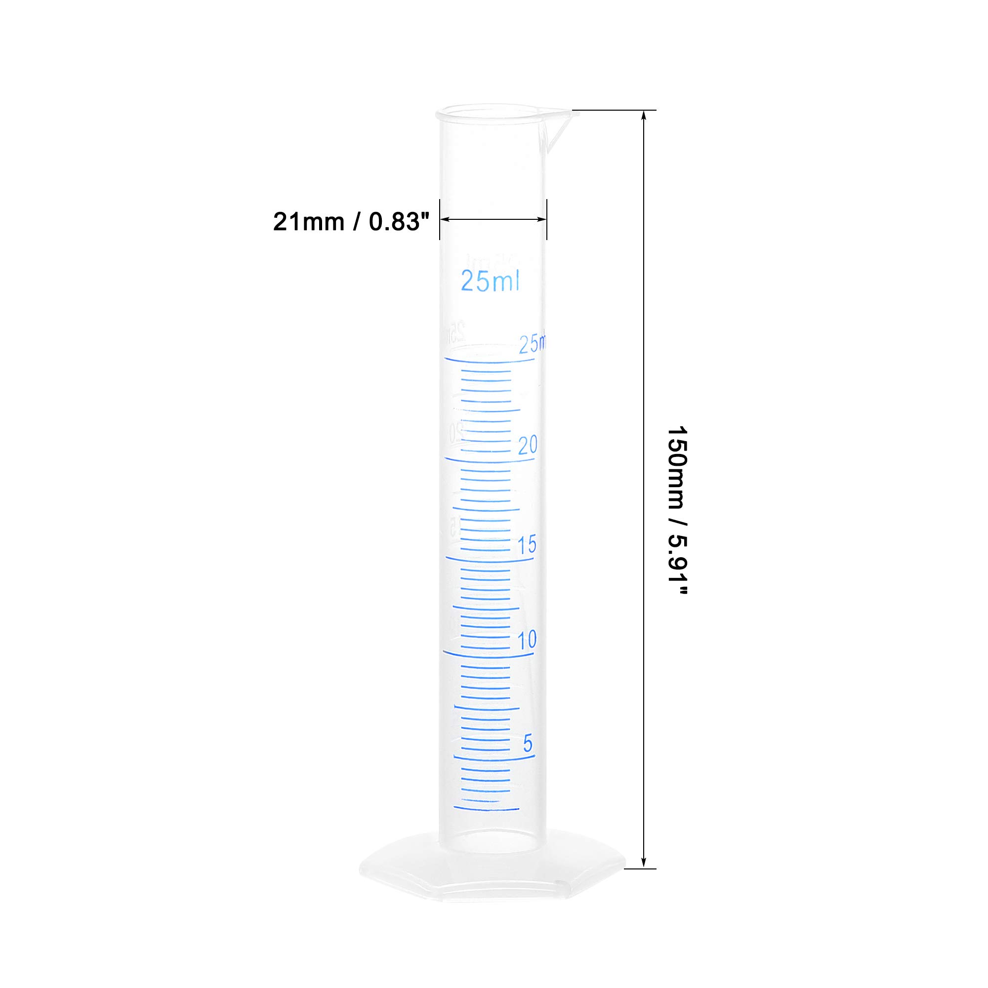 uxcell Plastic Graduated Cylinder, 25ml Measuring Cylinder, Science Test Tube Beakers, 2-Sided Metric Marking, Clear Hex Base for Lab Home 12Pcs