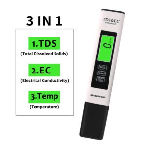 MEASUREMAN 0-9999ppm, 0-9999µs/cm TDS Meter, EC Meter & Temperature Meter 3 in 1, 32.0-176.0°F Green Backlight ppm for Drinking Water, Aquariums, Swimming Pools (Black) Meter