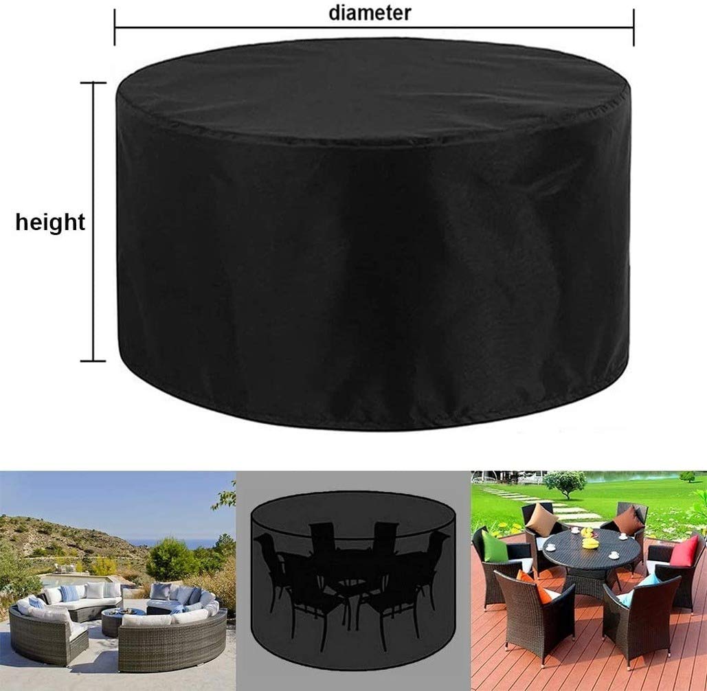 Heavy Duty Patio Table Covers,Round Garden Furniture Covers,Outdoor Furniture Protective Cover for Waterproof Anti-UV, Adjustable Hem (150x110cm,Black)