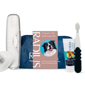 RADIUS Organic Pet Deluxe Oral Care Kit Canine Toothbrush With Organic Canine Toothpaste White Toothbrush Holder Clear Critter Case Blue Travel Bag, 1 Count