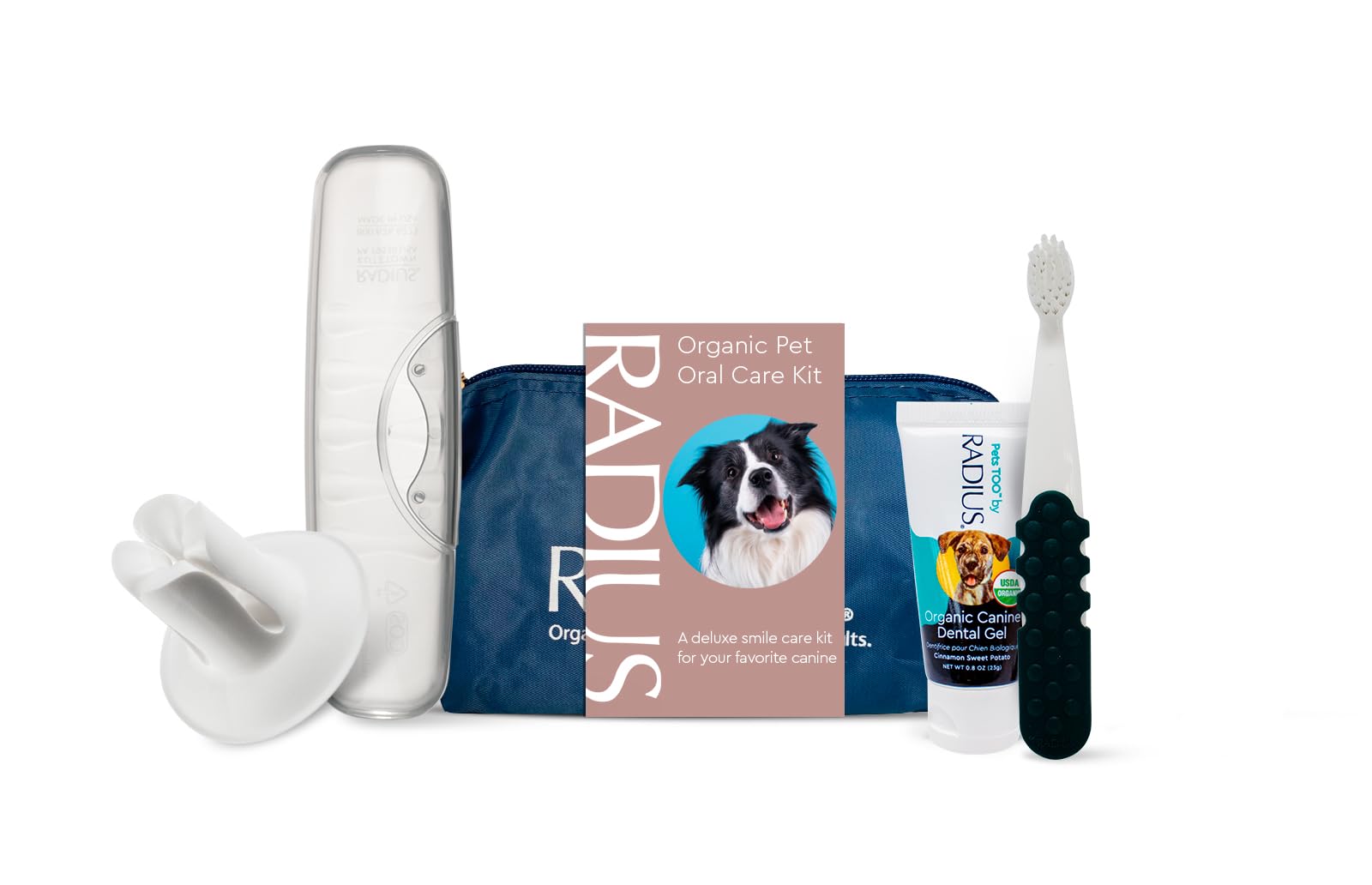 RADIUS Organic Pet Deluxe Oral Care Kit Canine Toothbrush With Organic Canine Toothpaste White Toothbrush Holder Clear Critter Case Blue Travel Bag, 1 Count