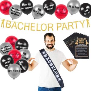 brosash funny bachelor party decorations (gold bachelor banner, bachelor sash, 16 funny party balloons, and 8 bachelor party rules cards) 26 piece set, bachelorette party supplies gifts