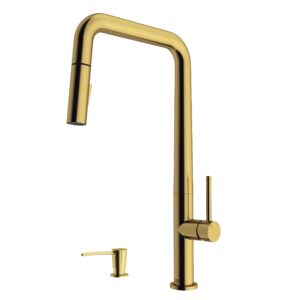 vigo parsons 18'' h single handle pull-down sprayer kitchen faucet set with soap dispenser in matte brushed gold-vg02031mgk2