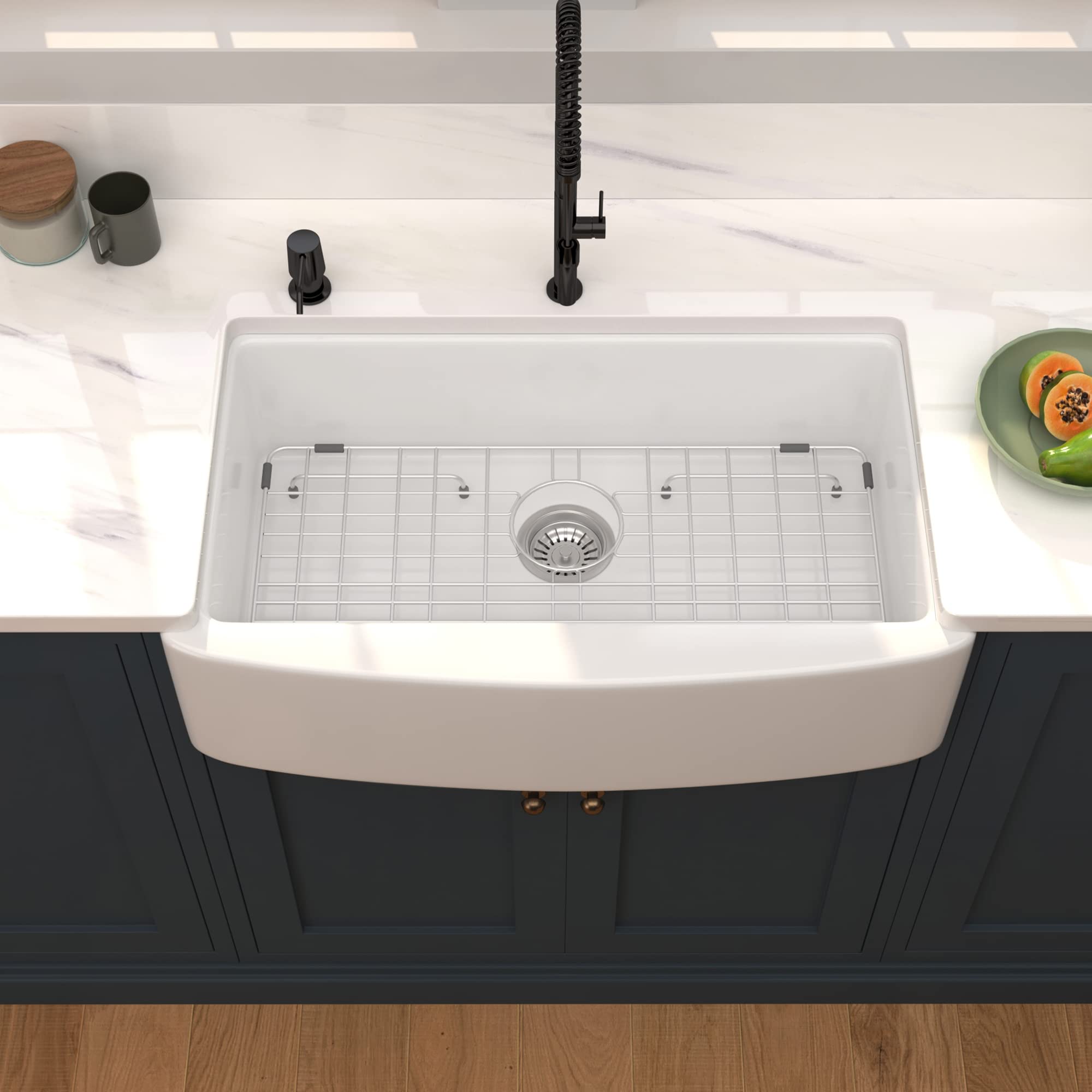 33 x 21 Inch Curved Farmhouse Sink White - CELAENO Single Bowl Fireclay Farmhouse Sink, Apron Front Deep Sink with Protective Bottom Grid and Strainer