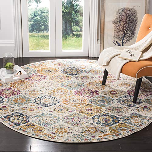 SAFAVIEH Madison Collection Area Rug - 8' Round, Cream & Multi, Boho Chic Distressed Design, Non-Shedding & Easy Care, Ideal for High Traffic Areas in Living Room, Bedroom (MAD611B)