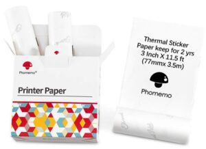 phomemo 3 inch thermal sticker paper for phomemo m03/m03as/m04s portable photo printer notes printer, black on white, 77mm x 3.5m, 3 inch x 11.5 ft, 3 roll