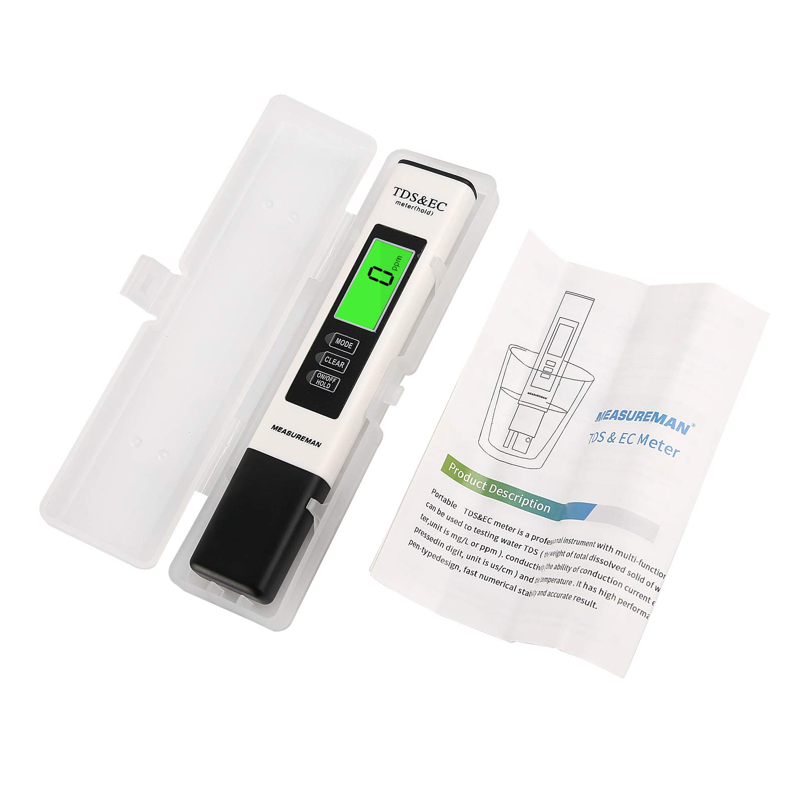 MEASUREMAN 0-9999ppm, 0-9999µs/cm TDS Meter, EC Meter & Temperature Meter 3 in 1, 32.0-176.0°F Green Backlight ppm for Drinking Water, Aquariums, Swimming Pools (Black) Meter