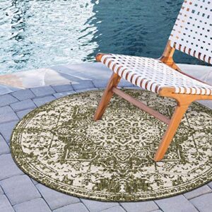 unique loom outdoor collection area rug - dubai (4' 1' round, green/ ivory)