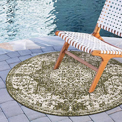 Unique Loom Outdoor Collection Area Rug - Dubai (4' 1' Round, Green/ Ivory)