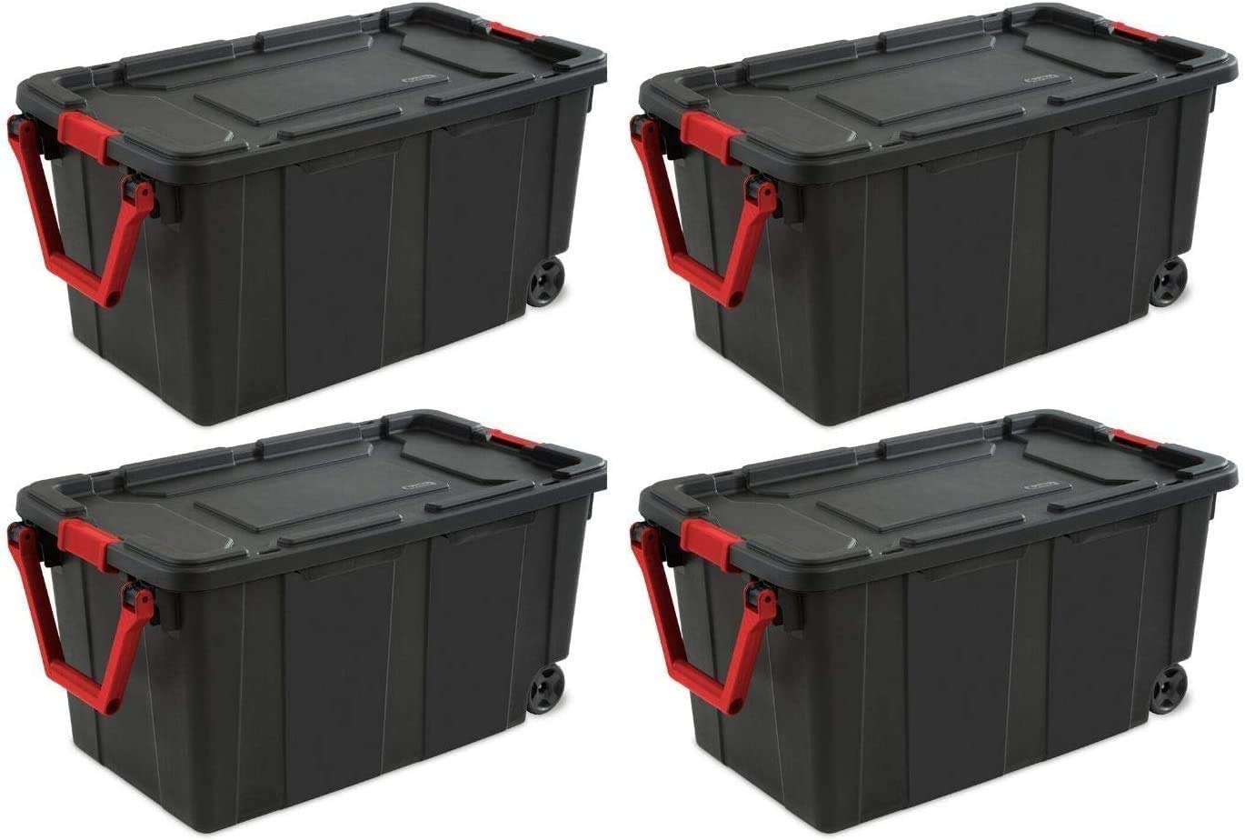 Sterilite 14699002 40 Gallon/151 Liter Wheeled Industrial Tote, Black Lid & Base w/Racer Red Handle & Latches, 4 Pack(40 Gallon)