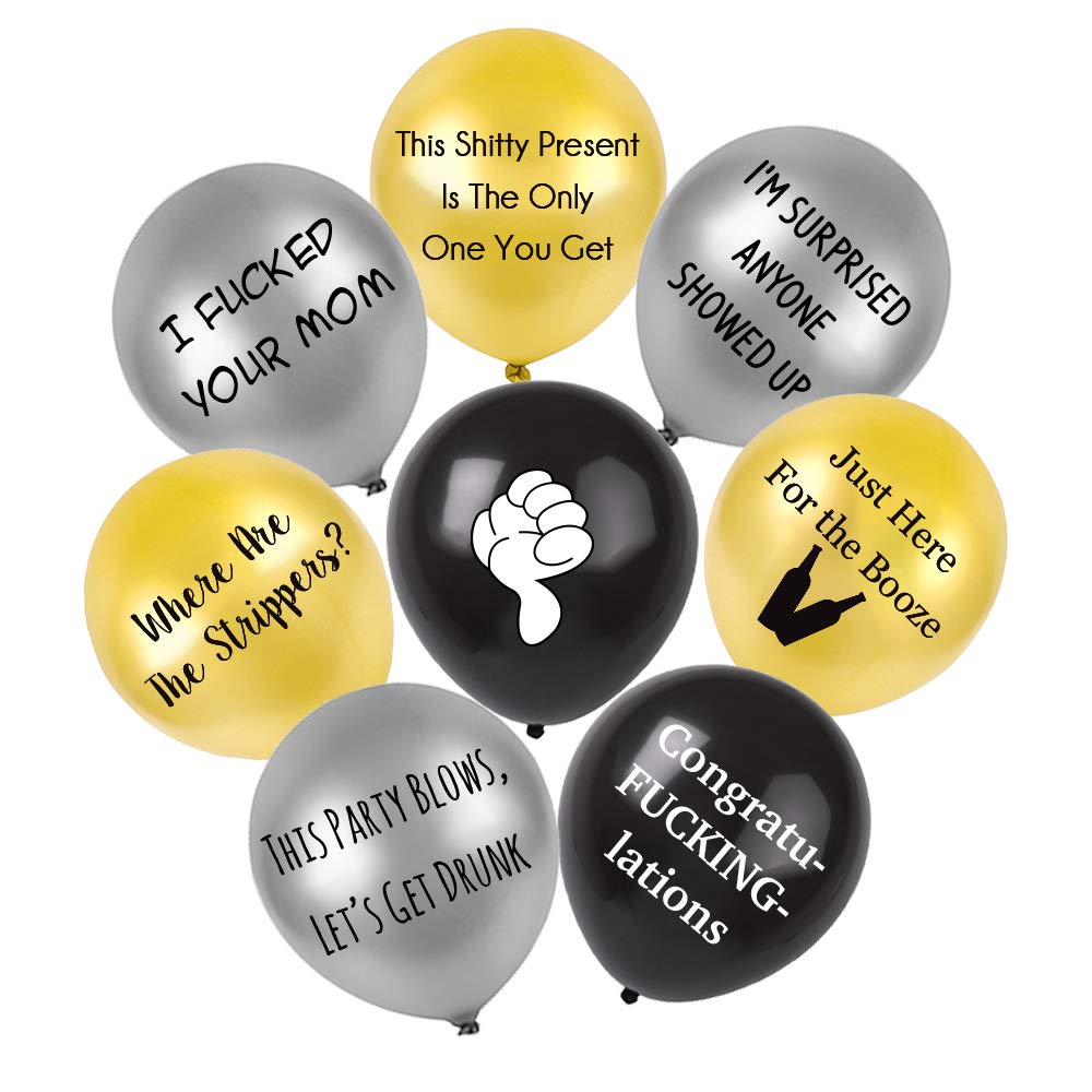 Unnecessarily Cruel Balloons - Black Silver & Gold Pack of 16 - Rude Funny Abusive Balloon Gifts Men Women Great for Birthday Supplies Retirement Graduation Anniversary Housewarming Bday Decorations