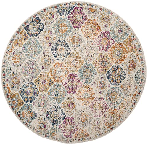 SAFAVIEH Madison Collection Area Rug - 8' Round, Cream & Multi, Boho Chic Distressed Design, Non-Shedding & Easy Care, Ideal for High Traffic Areas in Living Room, Bedroom (MAD611B)