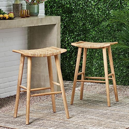 Christopher Knight Home Magwen Outdoor Acacia Wood Barstool with Wicker (Set of 2), Light Brown and Light Multi-Brown