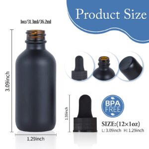 YONKAN 1 oz Dropper Bottle 12 Pack Black Glass Boston Bottles 30ml with Eye Droppers Black Caps for Essential Oils, Perfume, Leak Proof Travel Bottles for Liquids