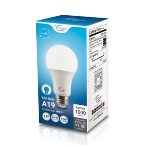 Euri Lighting EA19-15W2050e, LED A19 15W (100W Equivalent), 1600lm, Dimmable, 5000K (Cool White) E26 Base, Fully Enclosed Rated, Damp Rated, UL & Energy Star, 3YR 25K HR Warranty