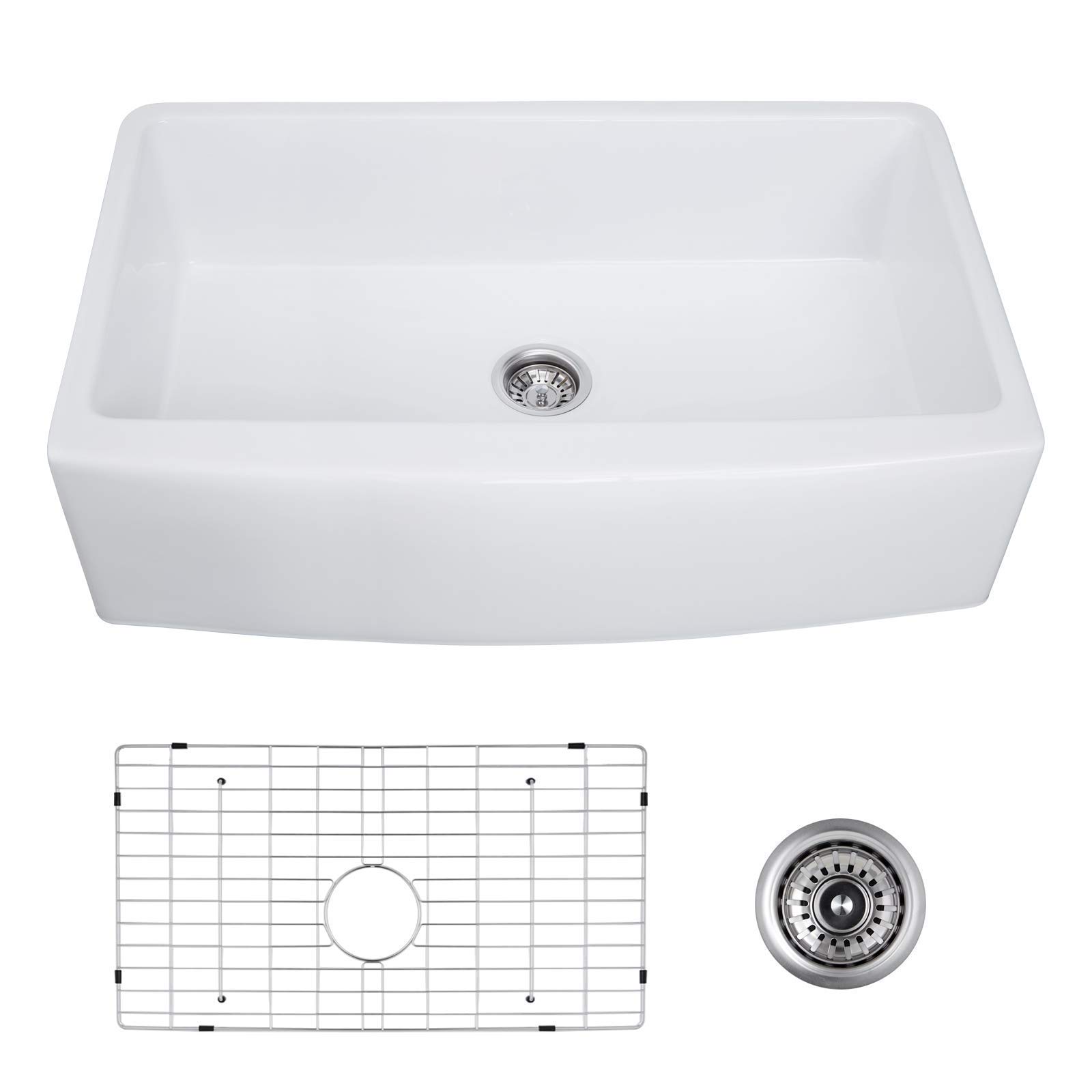 33 x 21 Inch Curved Farmhouse Sink White - CELAENO Single Bowl Fireclay Farmhouse Sink, Apron Front Deep Sink with Protective Bottom Grid and Strainer